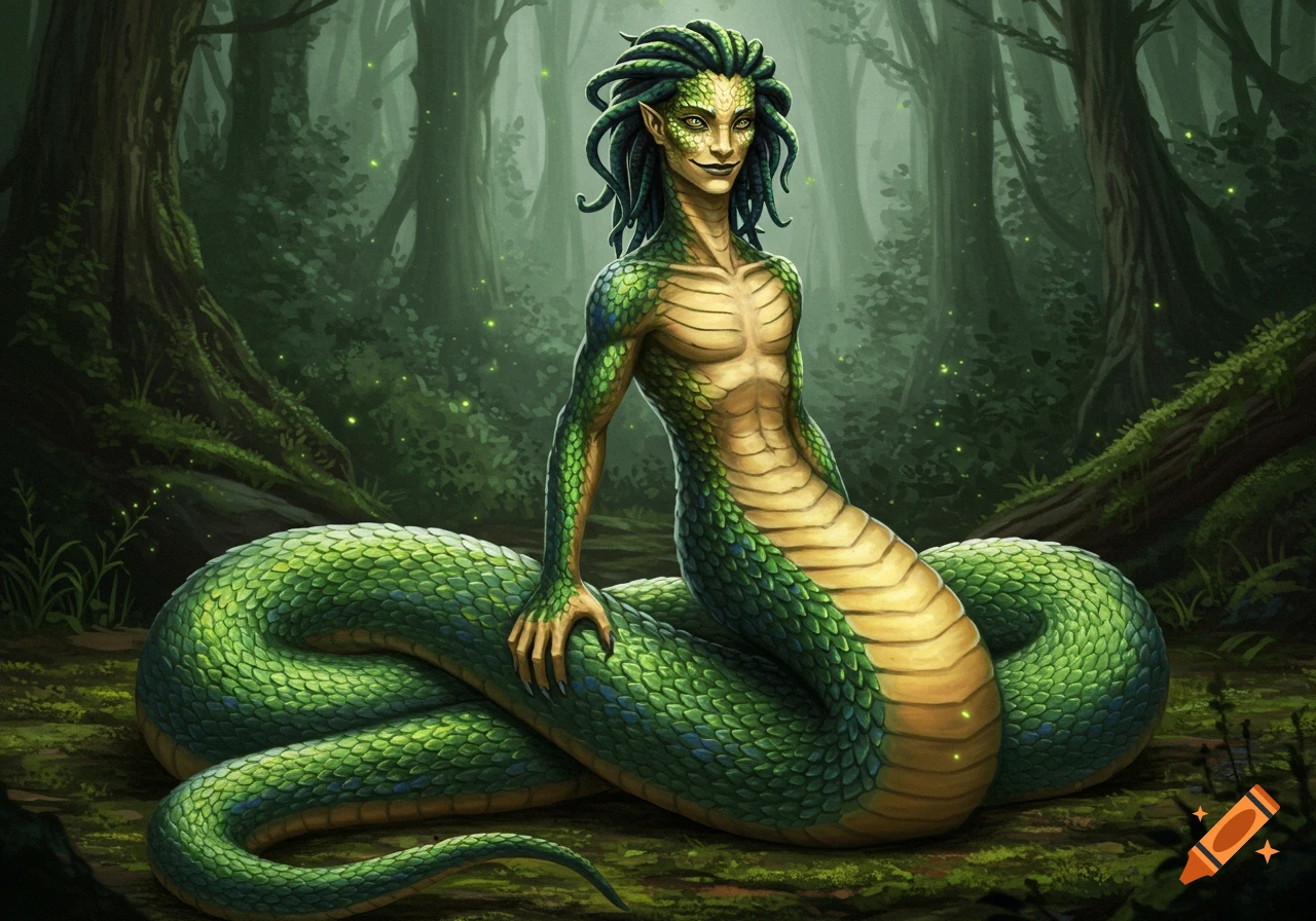 A detailed illustration of a snake person with green scales sitting in a forest. on Craiyon