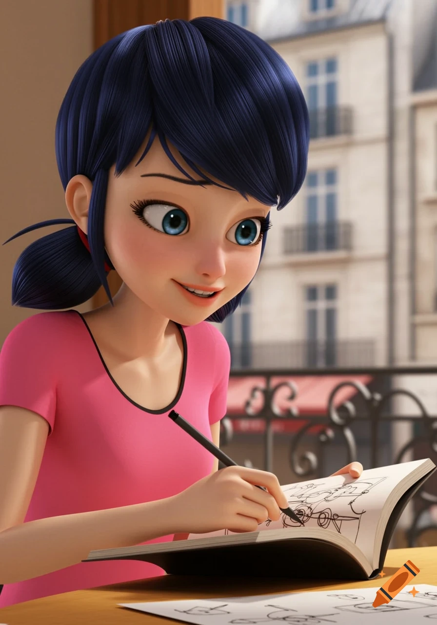 Marinette from Miraculous Ladybug drawing in a sketchbook in 3D ...