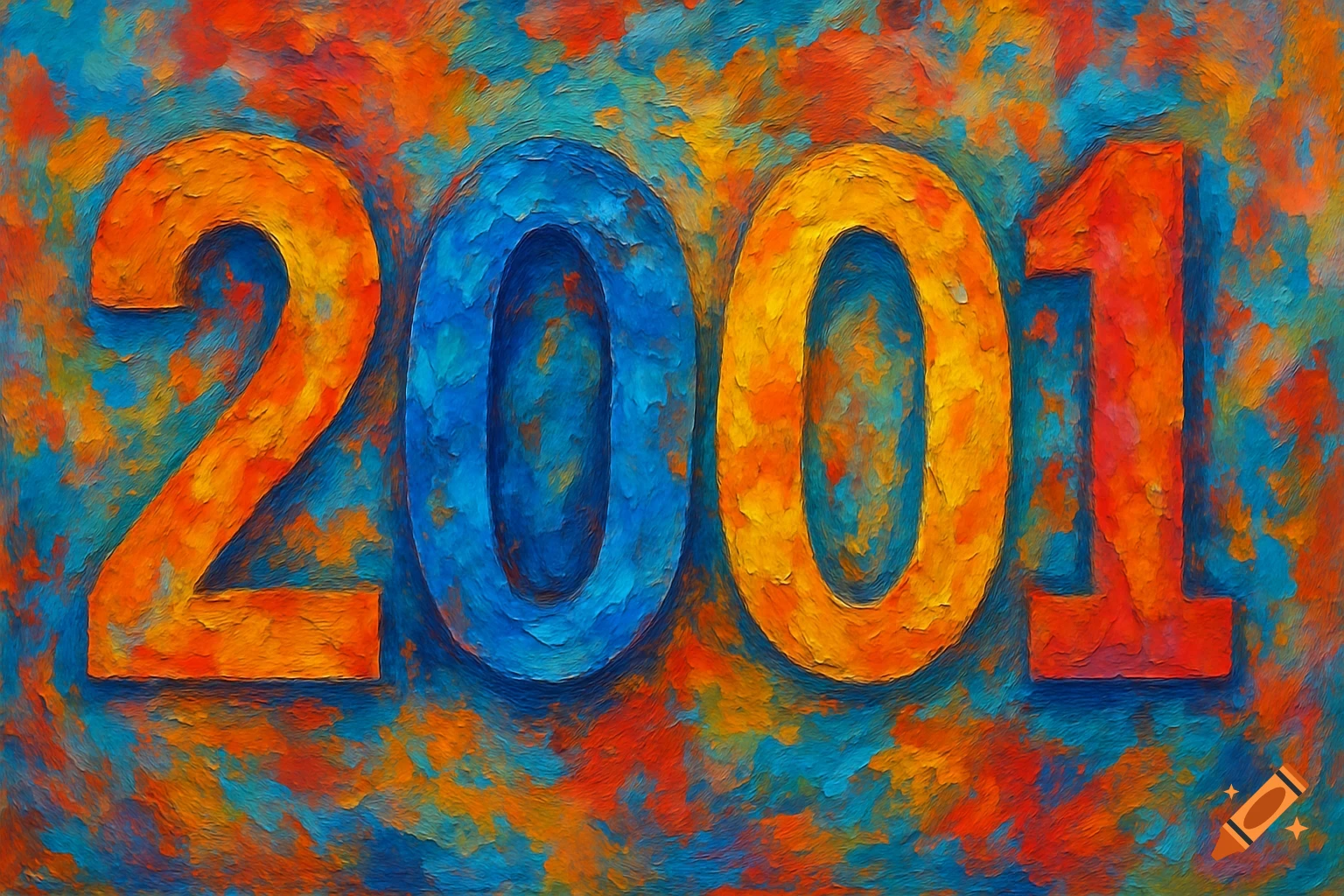 The number 2001 in large, textured, colorful digits against a vibrant ...