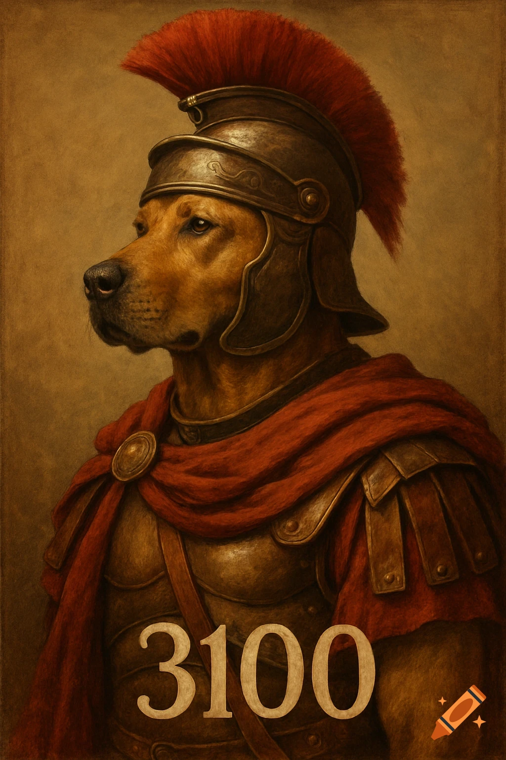 A portrait of a dog wearing a Roman soldier's helmet and armor, with ...