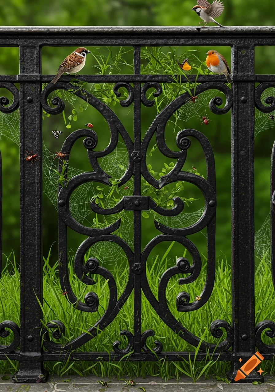 Birds and insects sit on a black metal railing amidst green grass and ...