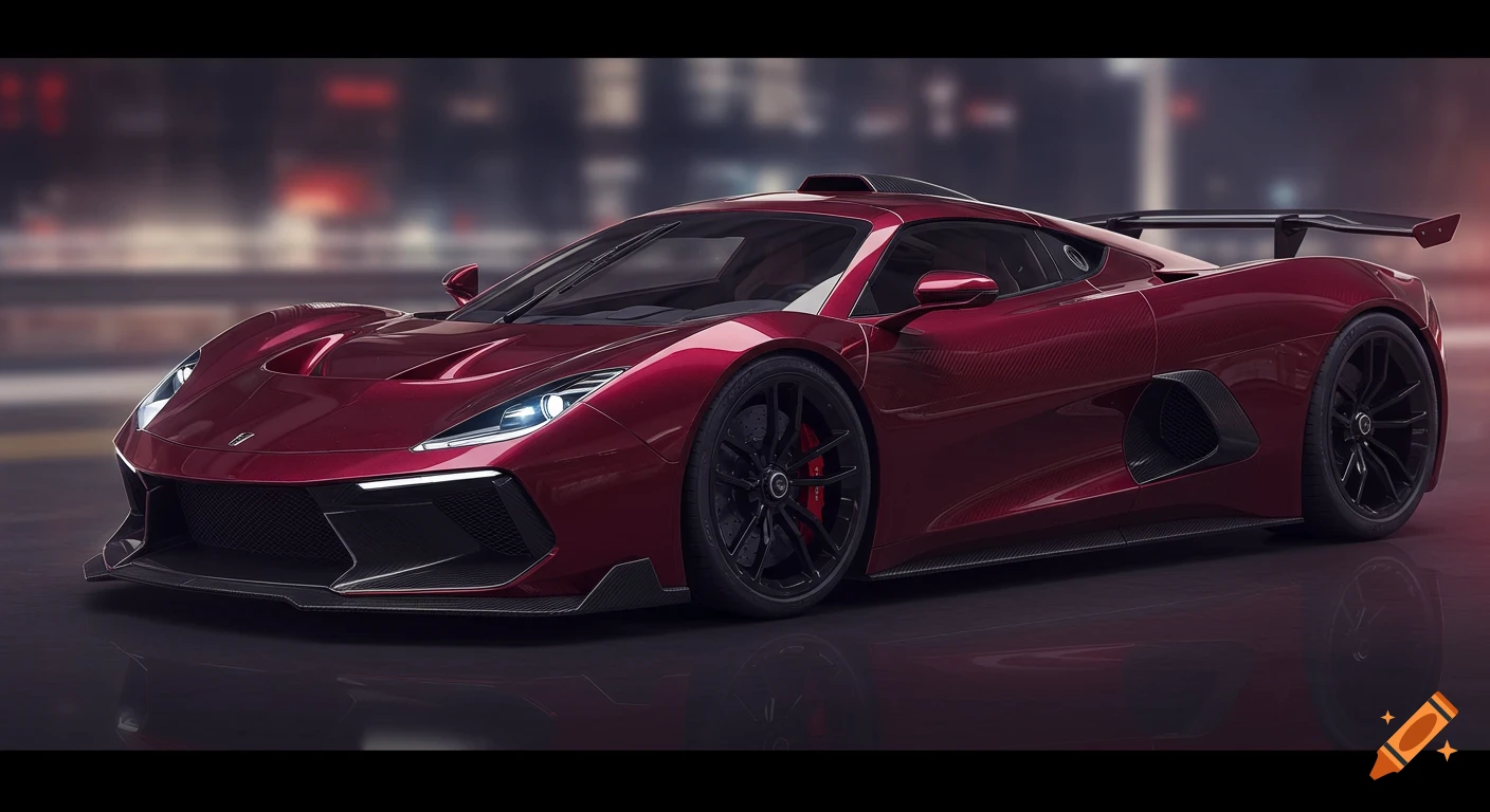 A burgundy dark red hypercar with carbon fiber accents. on Craiyon
