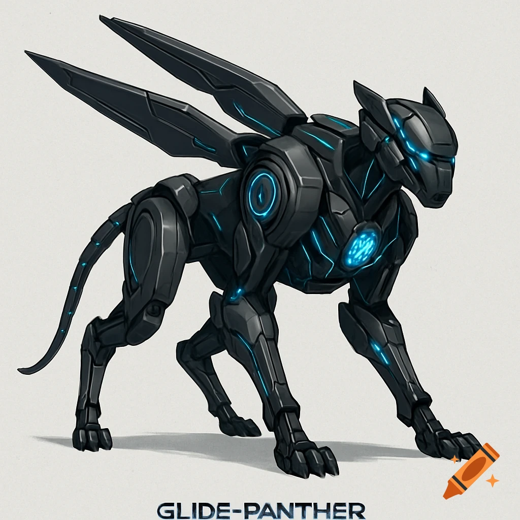 A black robotic panther with large metallic wings and blue glowing ...