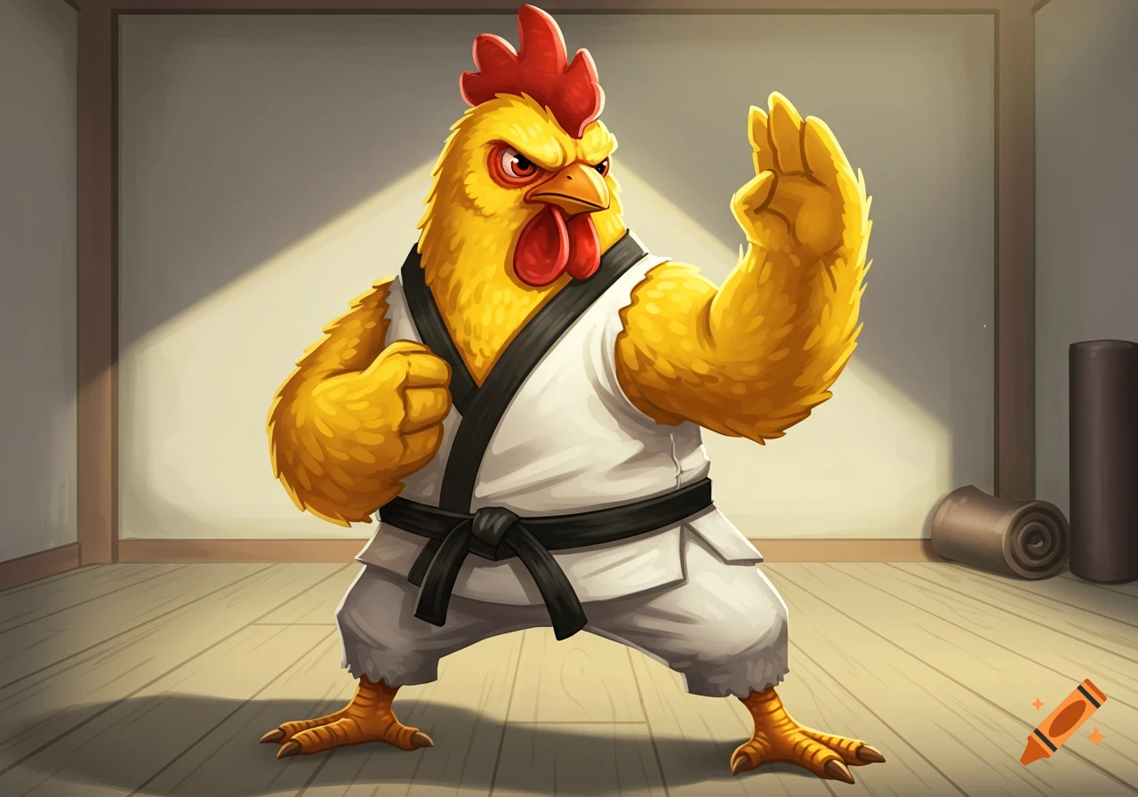Cartoon chicken in a white karate uniform and black belt, striking a ...