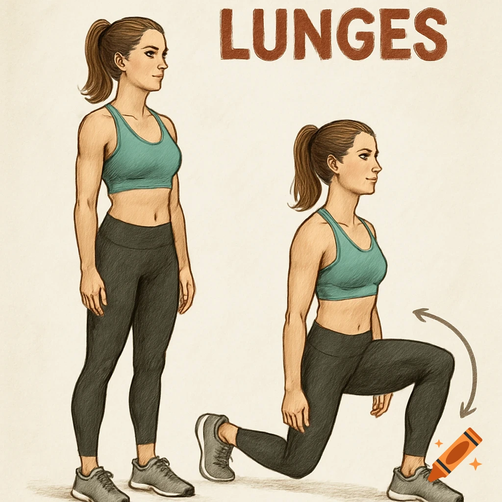 Illustration showing a woman performing lunge exercises in two steps, labeled LUNGES. on Craiyon