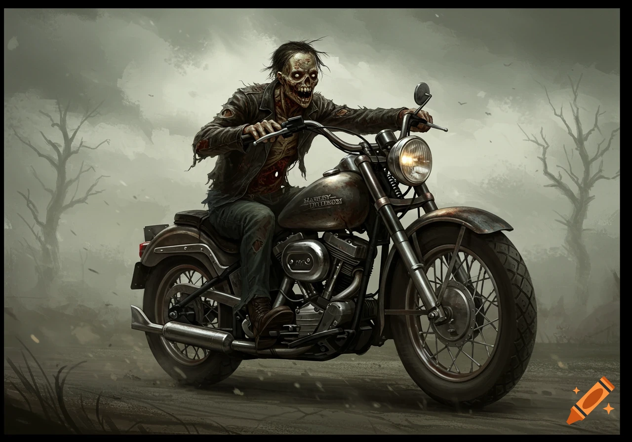 A zombie rides a motorcycle through a bleak, foggy landscape. on Craiyon