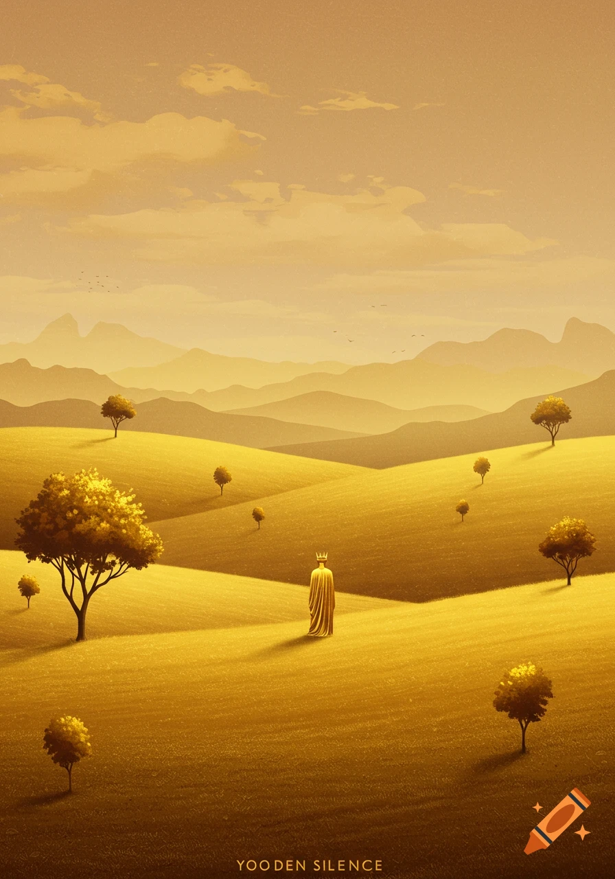 A robed figure with a crown stands in a golden landscape with trees and ...
