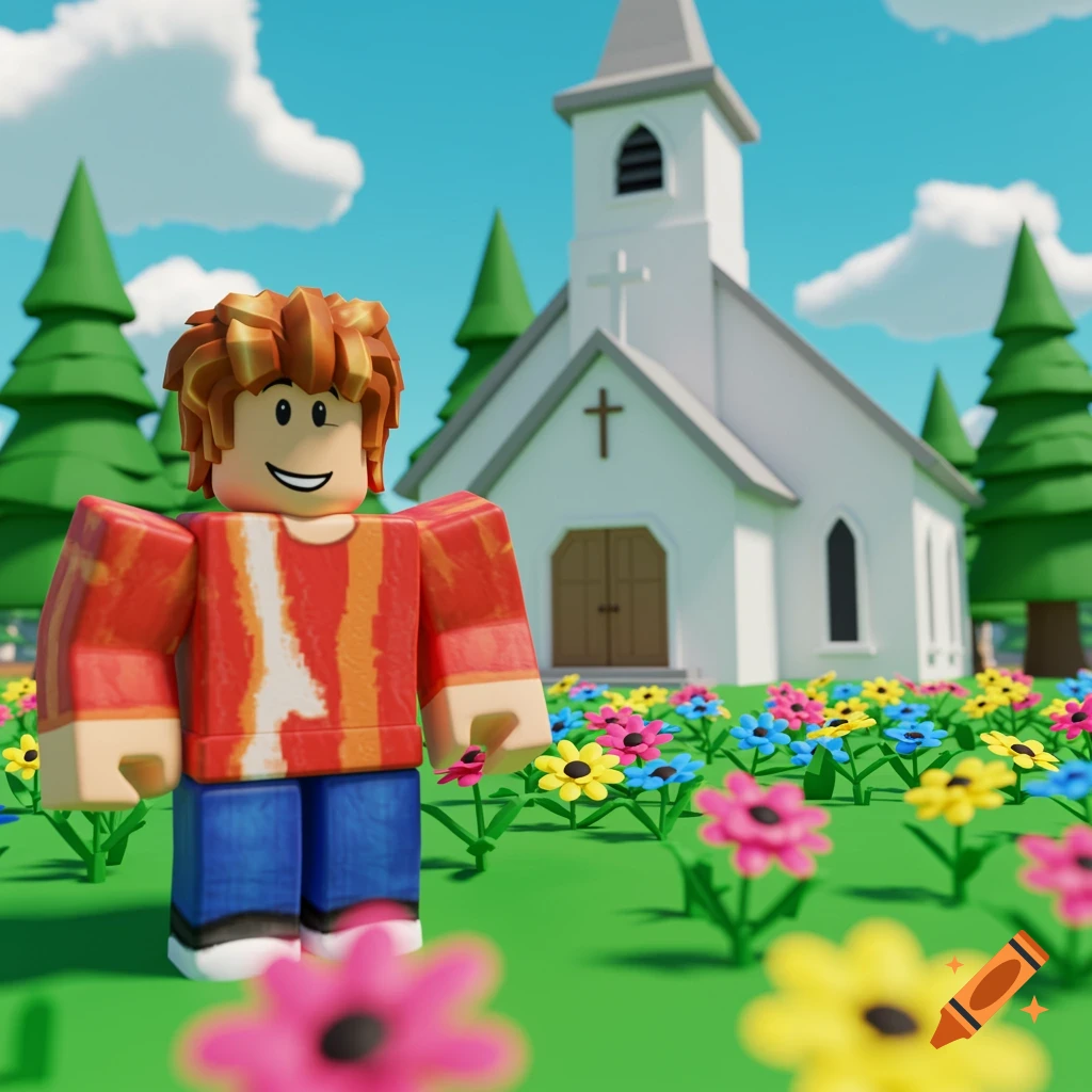 A blocky character stands in a flower field in front of a white church ...