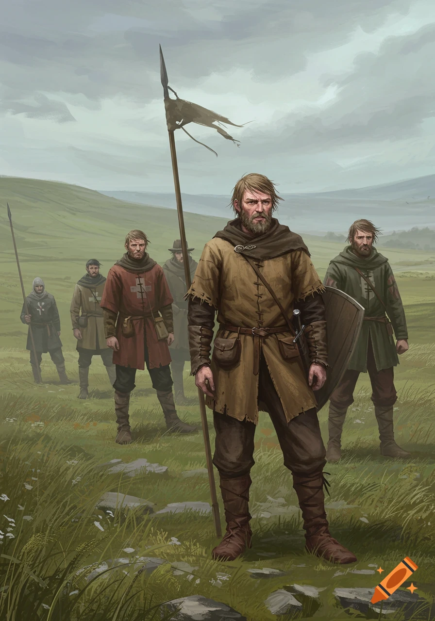 Medieval figures in a field with a leader holding a spear and banner ...