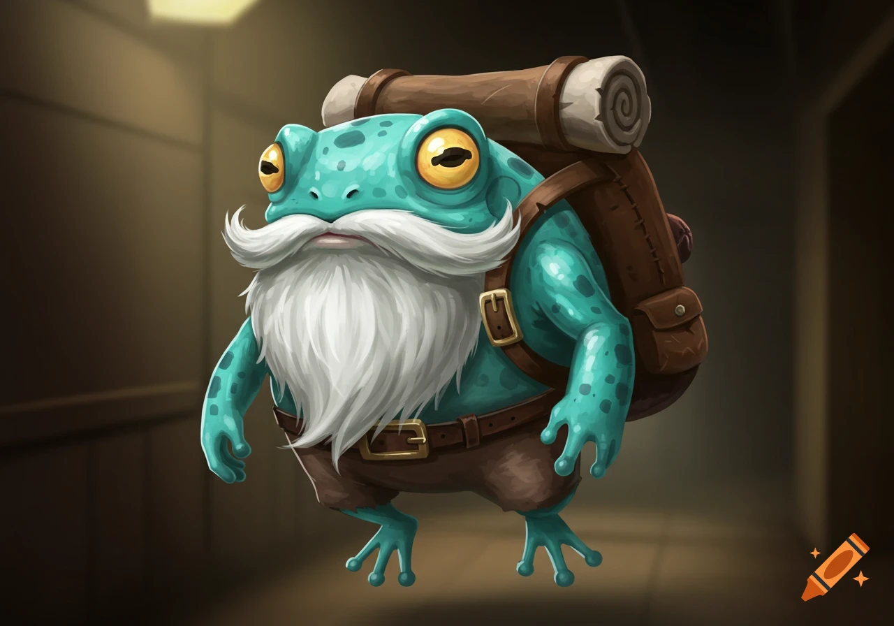 A teal frog with a white beard and backpack floats in a dim hallway on ...