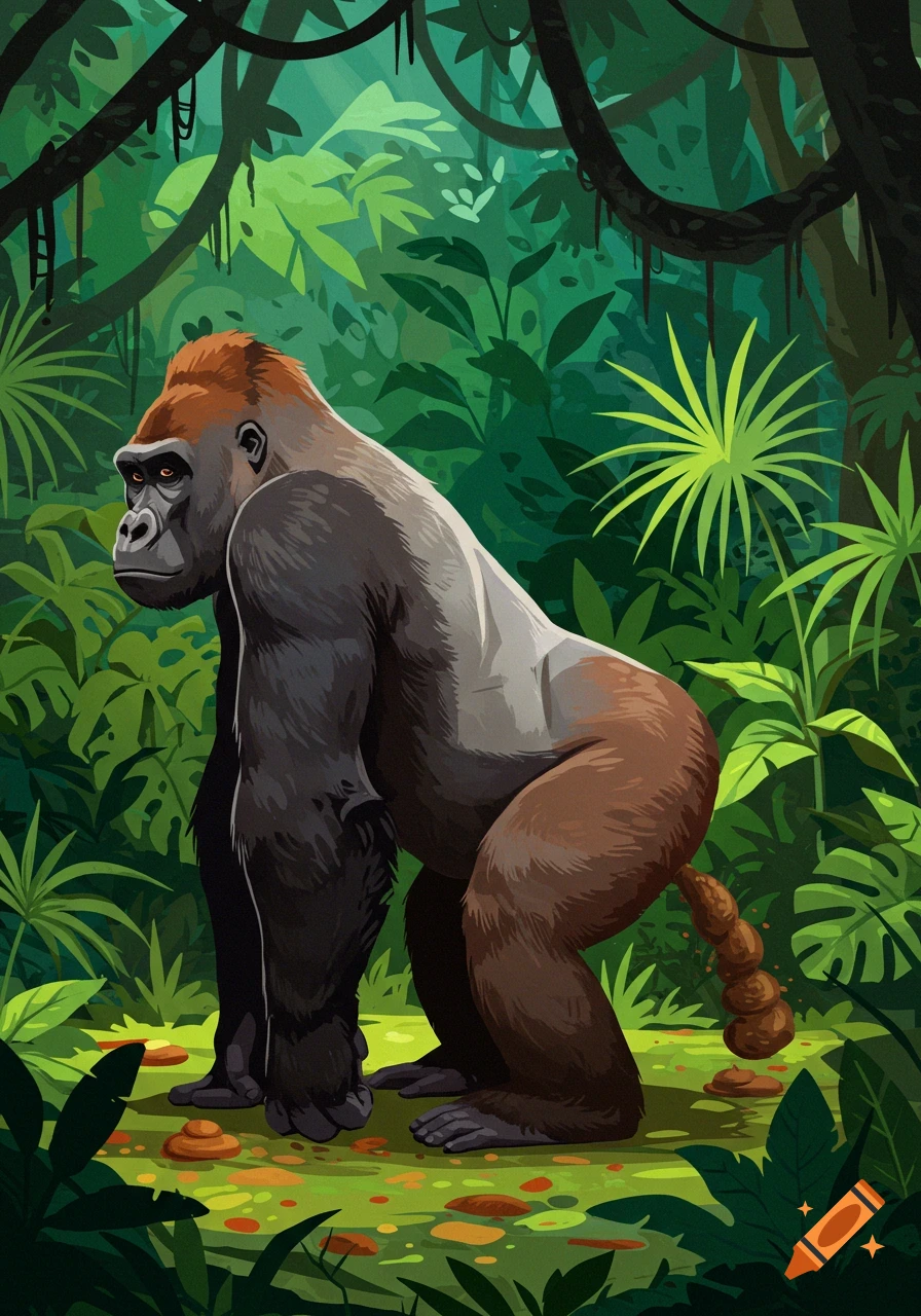 An illustration of a gorilla pooping in a lush jungle. on Craiyon