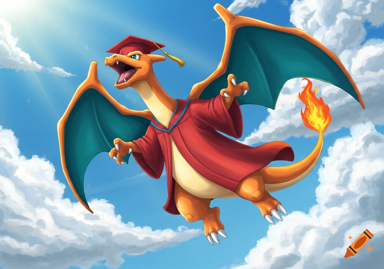 Charizard in graduation cap and gown flying in sky on Craiyon