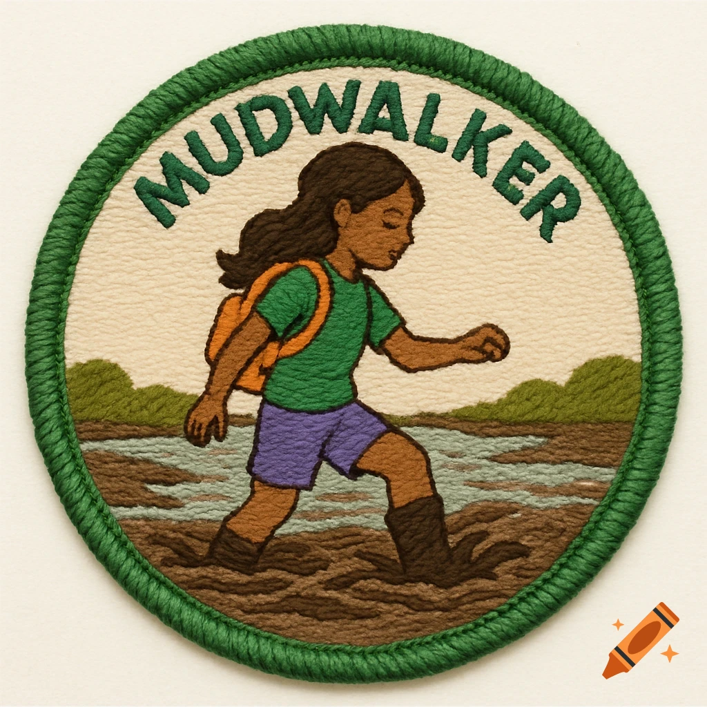 Embroidered badge showing a person walking through mud with the text ...