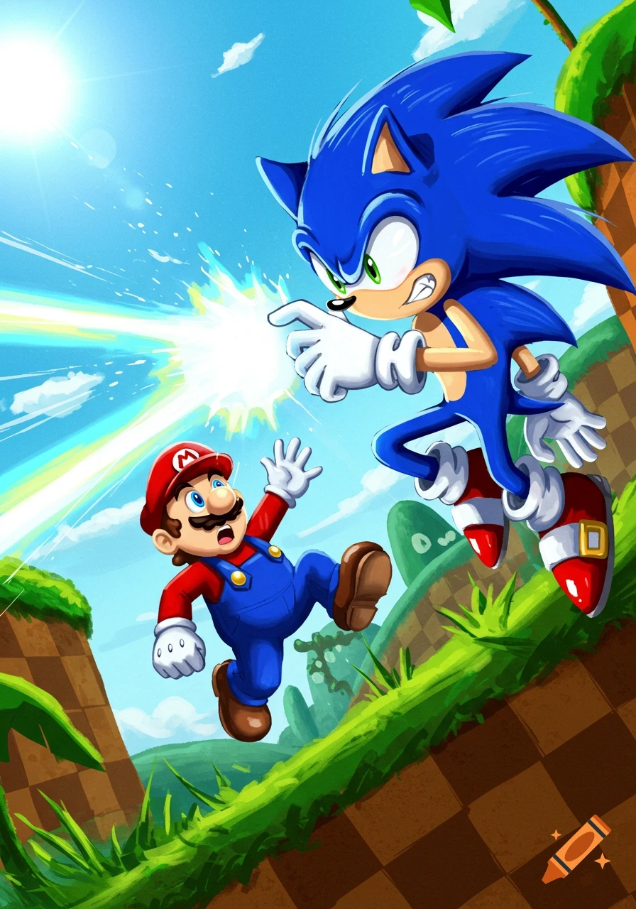 Sonic blasts energy at a surprised Mario in a colorful cartoon ...