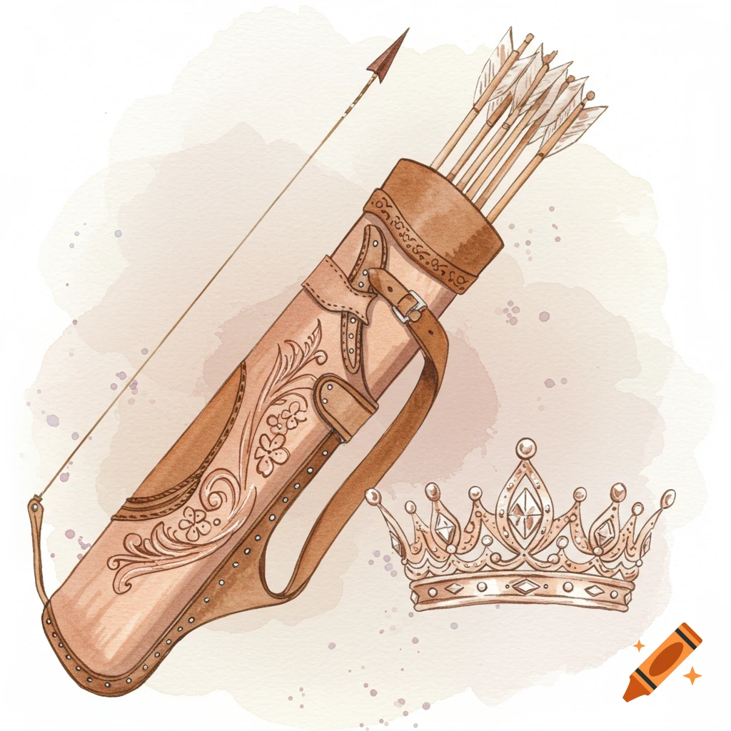 Watercolor illustration of an archery quiver with arrows and a golden ...