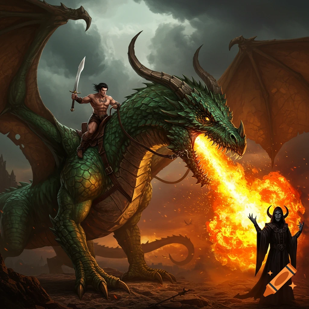 Fantasy art of a warrior riding a green dragon breathing fire onto a ...