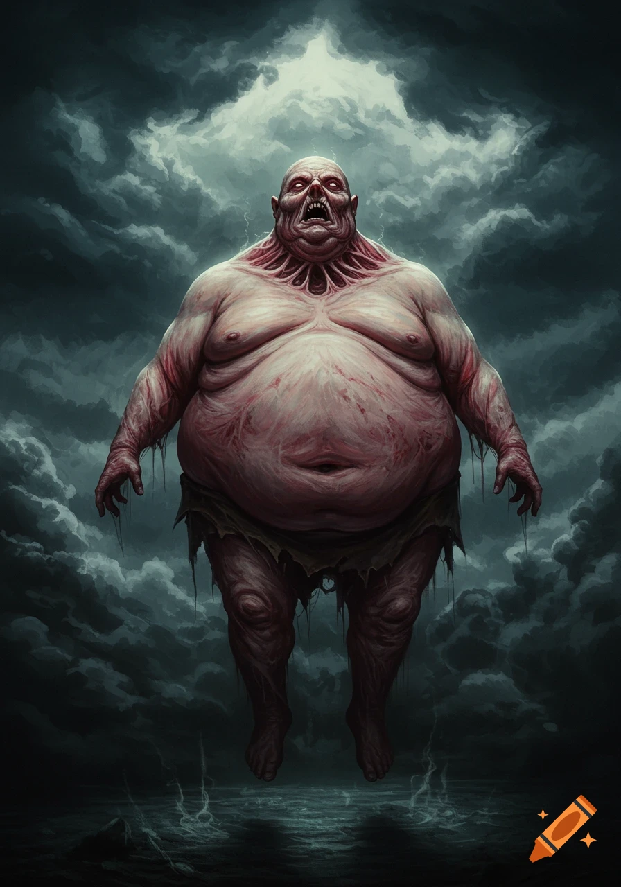 Grotesque, bald, overweight creature with exposed flesh floating in a ...