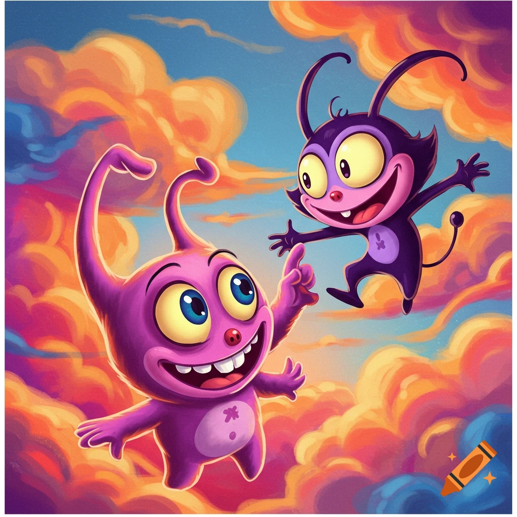 Two cartoon monsters fly among colorful clouds in the sky. on Craiyon