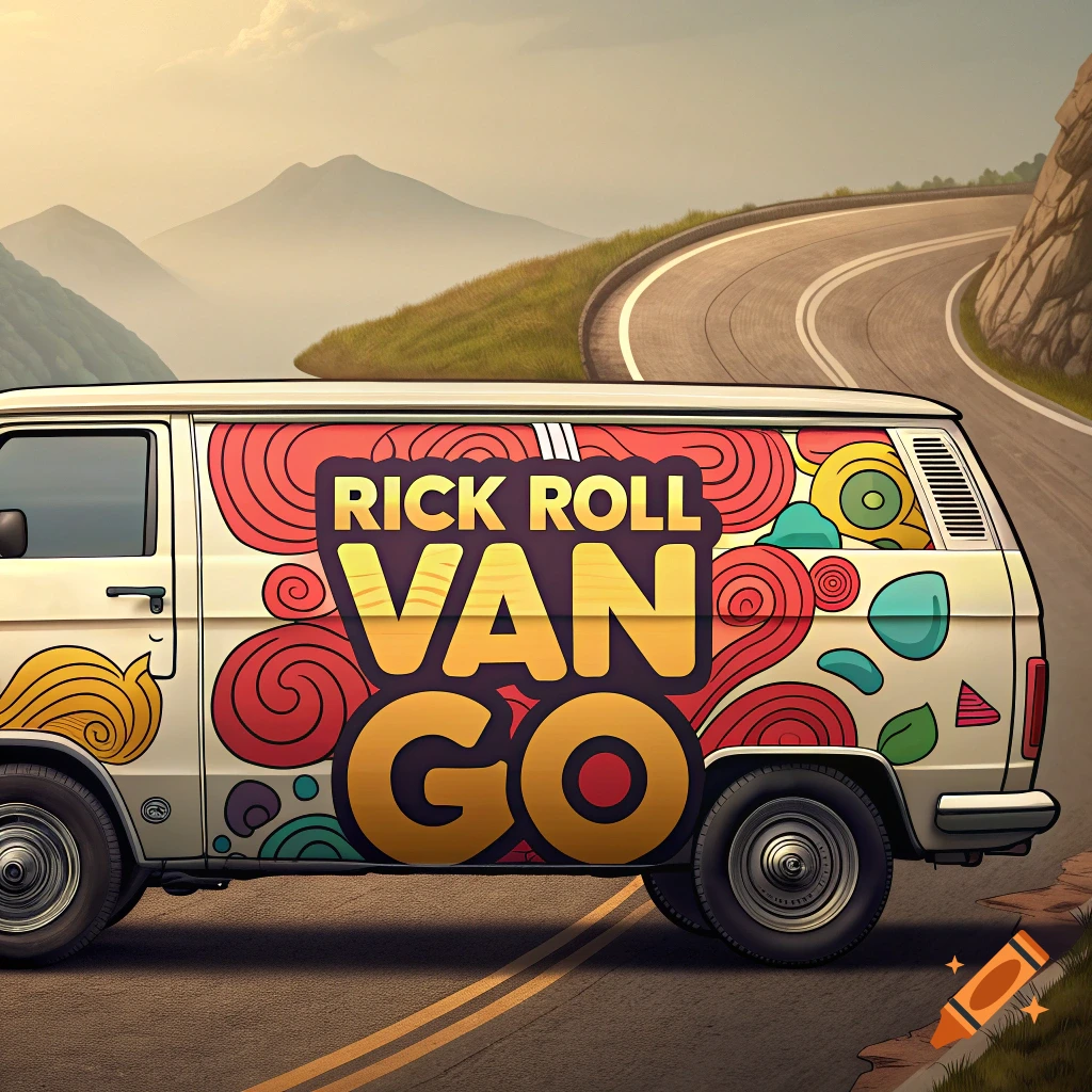 A stylized van with 'RICK ROLL VAN GO' on the side drives on a mountain ...