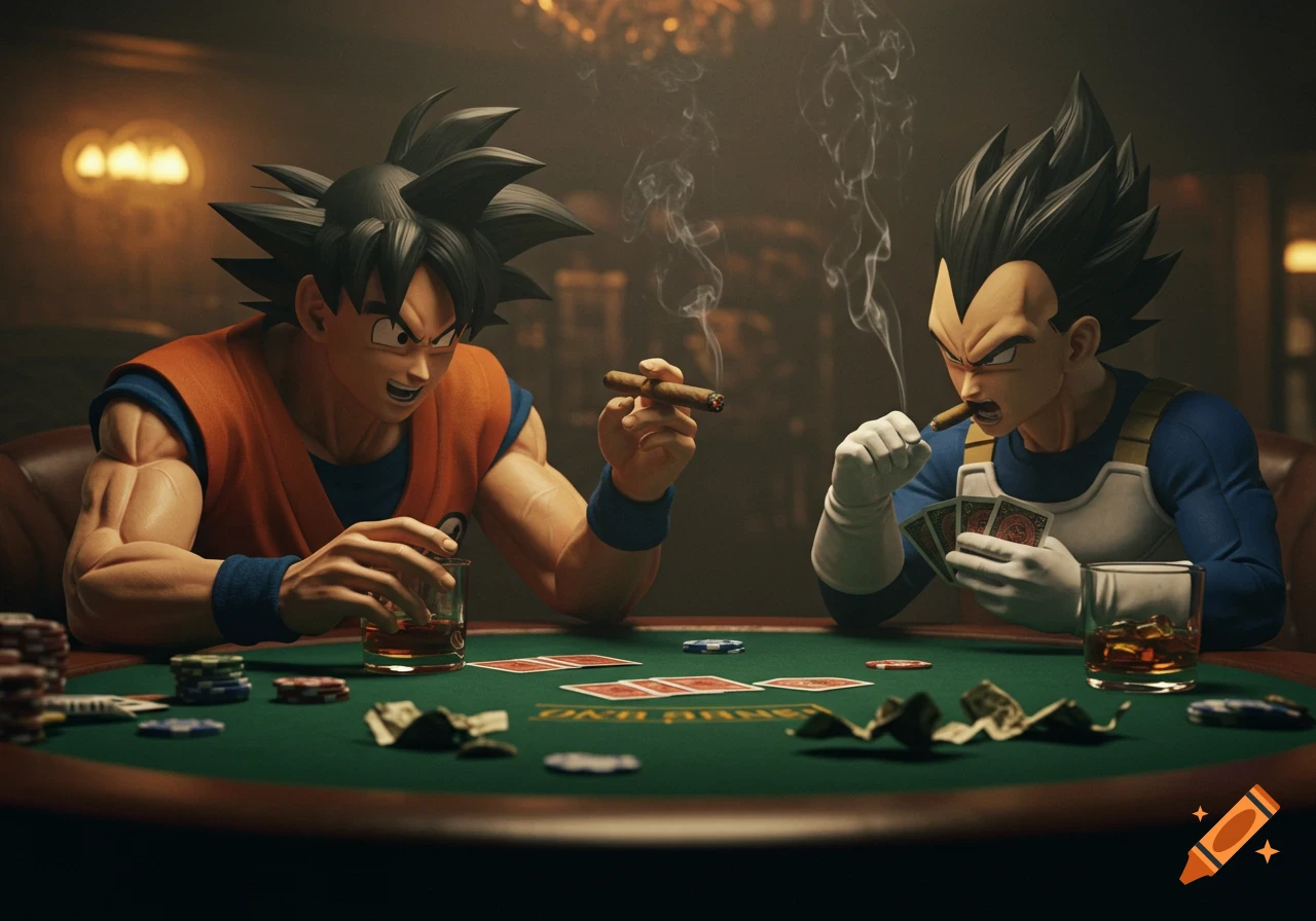 Goku and Vegeta play poker, smoking cigars and drinking at a table. on ...
