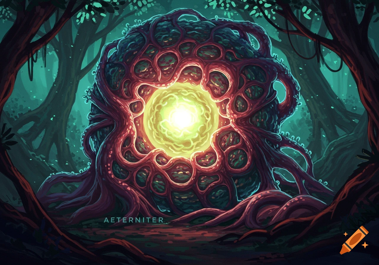 A biological reactor with a glowing core sits in a dark forest clearing ...