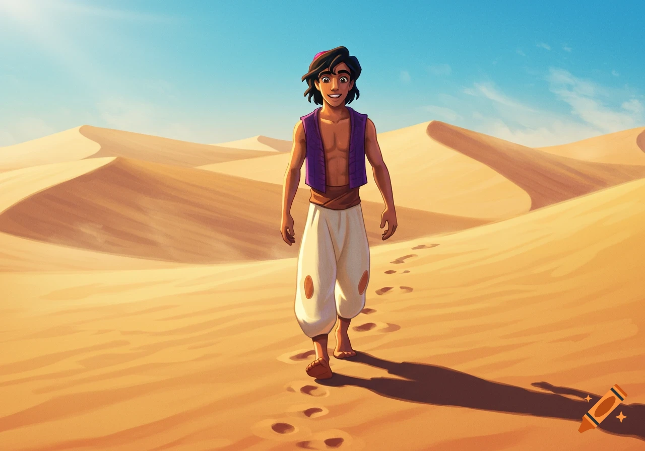 Cartoon illustration of Aladdin walking through a sunny desert leaving ...