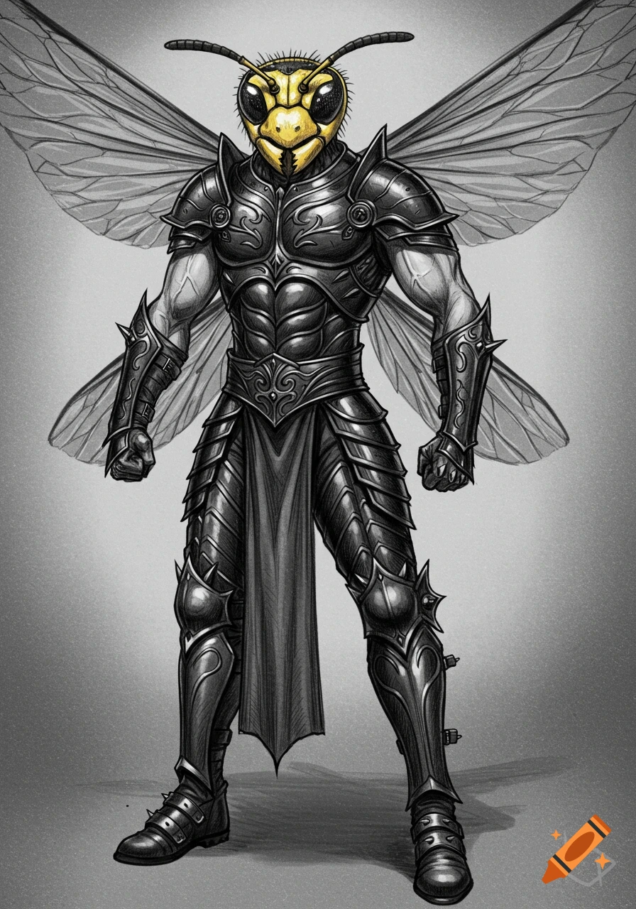 Pencil drawing of a fantasy character with a wasp head and wings ...