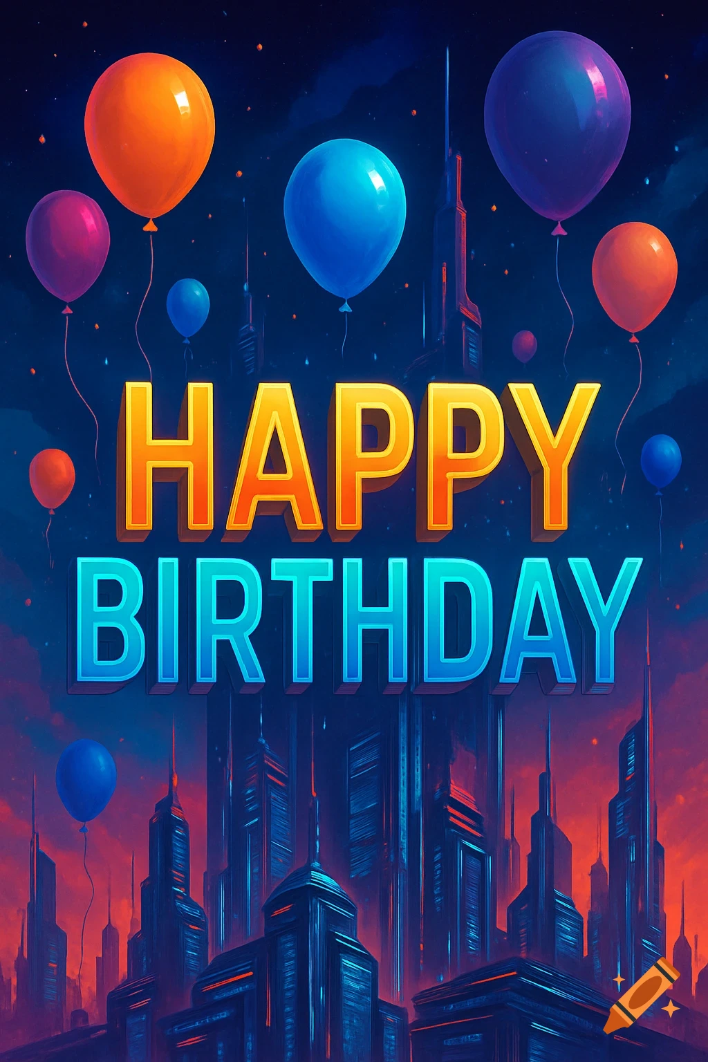 Futuristic cityscape with balloons and text 'HAPPY BIRTHDAY' on Craiyon