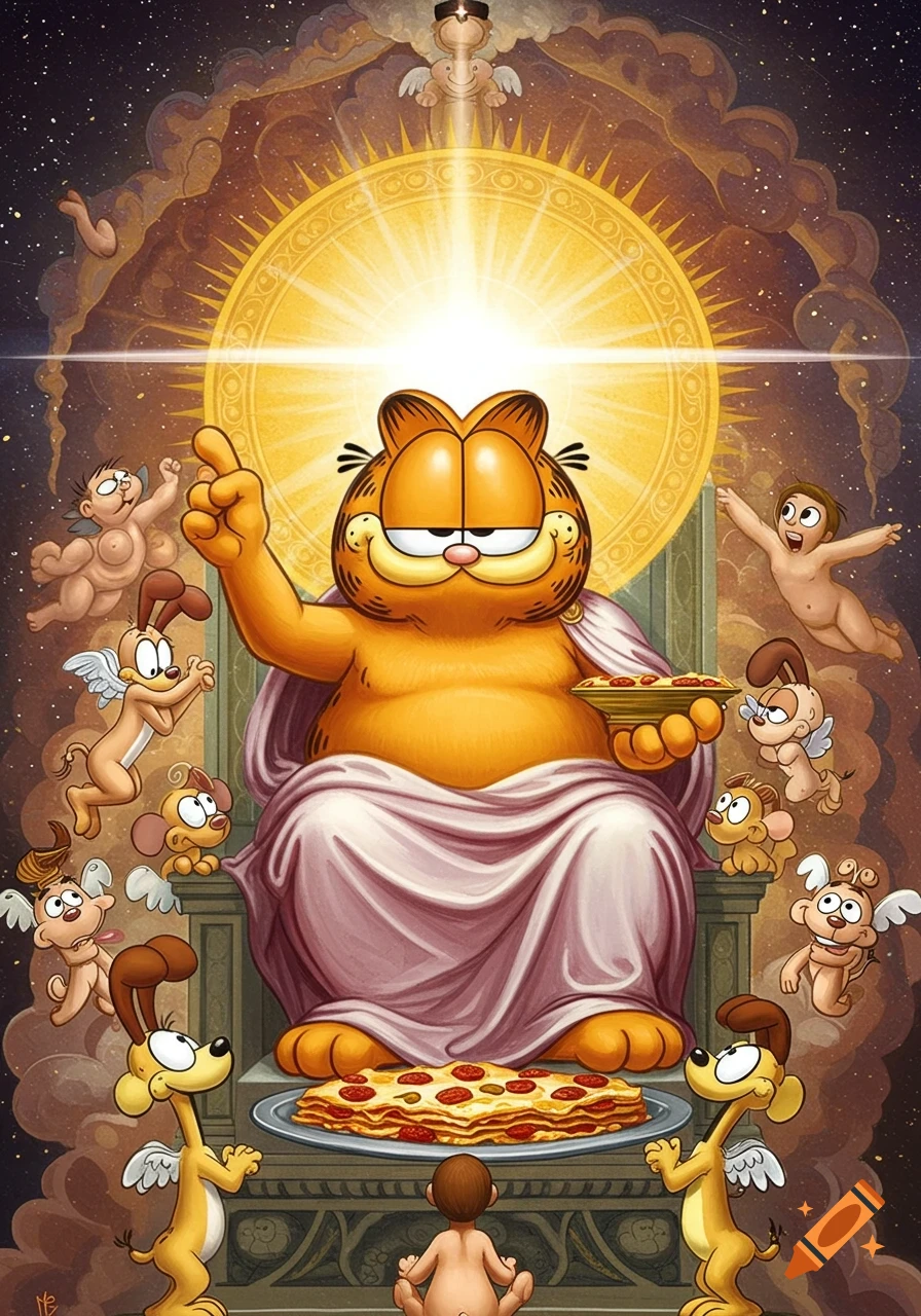 Cartoon illustration of Garfield the cat as a god, seated on a throne, holding a plate of ...