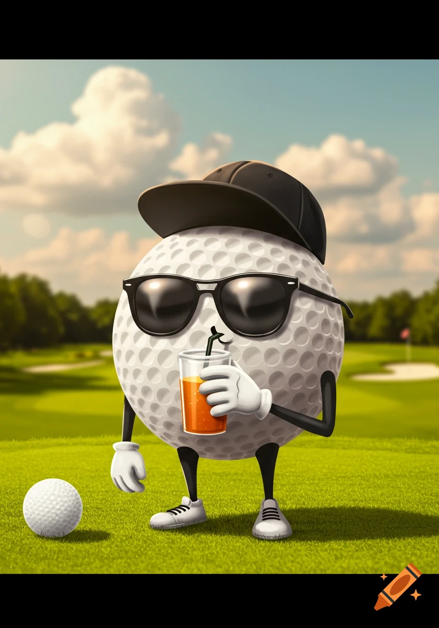 A cartoon golf ball character with sunglasses and a backwards cap ...