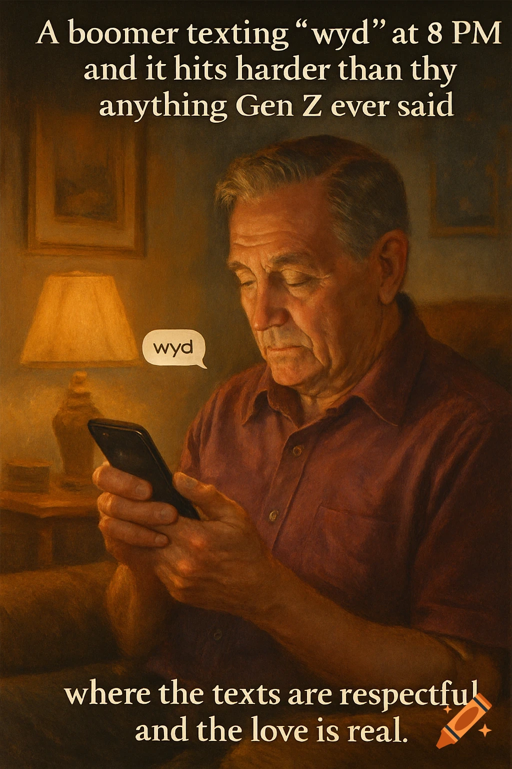 Painting of an older man looking at a phone with meme text overlays ...