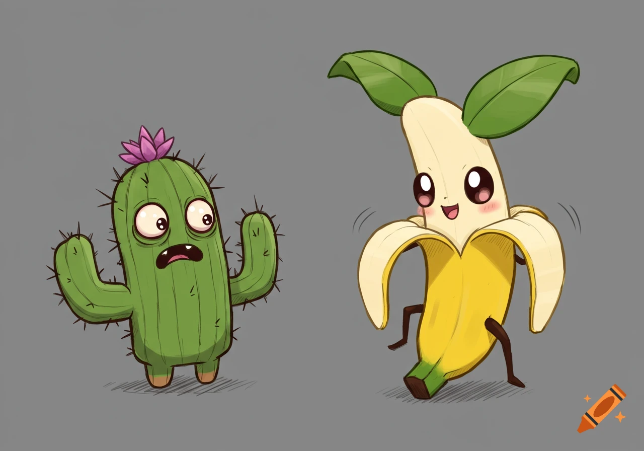 Scared cartoon cactus and happy dancing banana. on Craiyon
