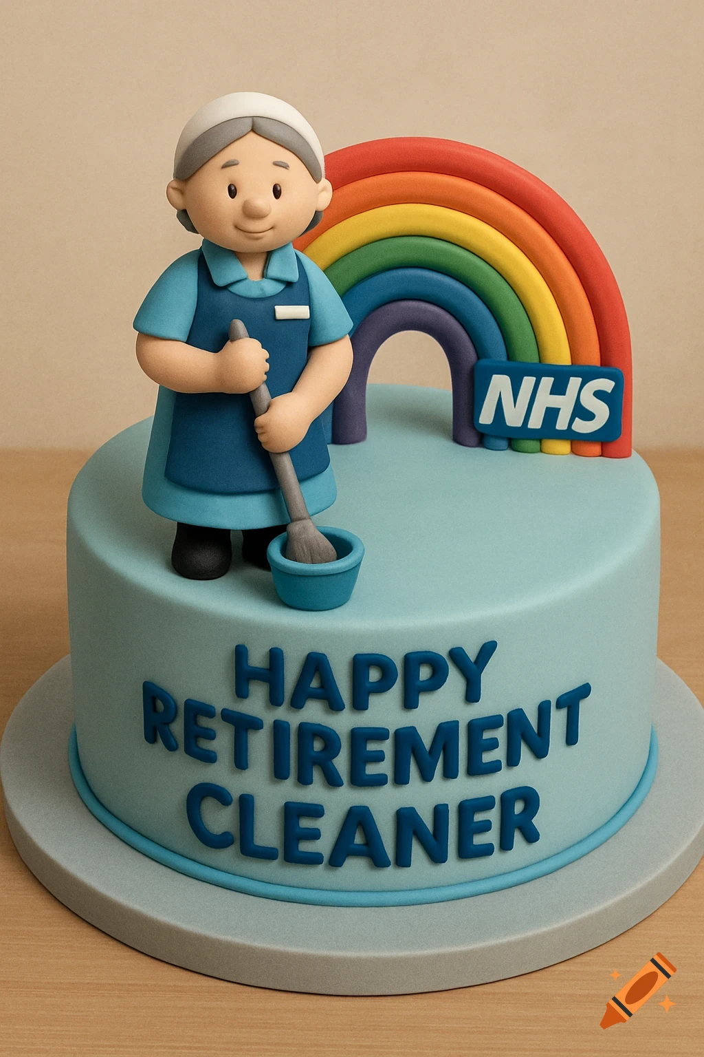 Close-up of a light blue retirement cake with a fondant figure of a ...