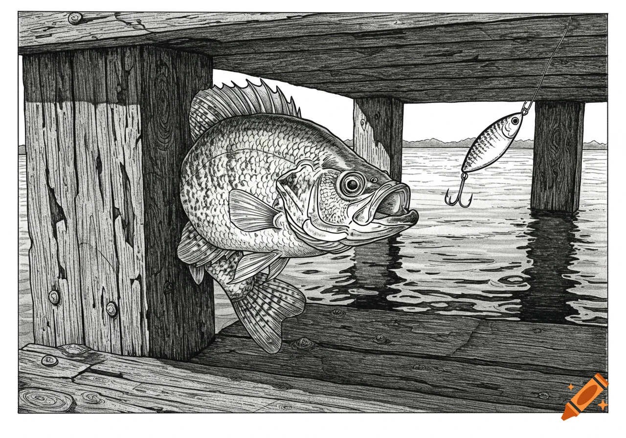 Black and white line drawing of a crappie fish under a dock, looking at ...