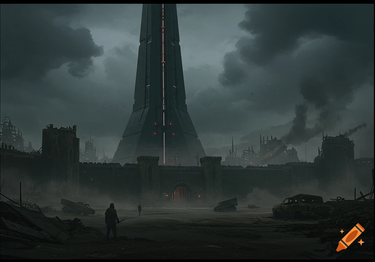 A tall, dark, futuristic tower dominates a ruined city behind a stone ...