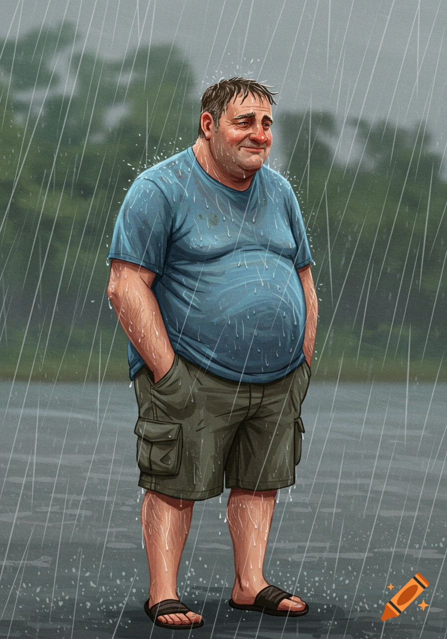 Illustration of a man standing soaking wet in the rain with his hands ...