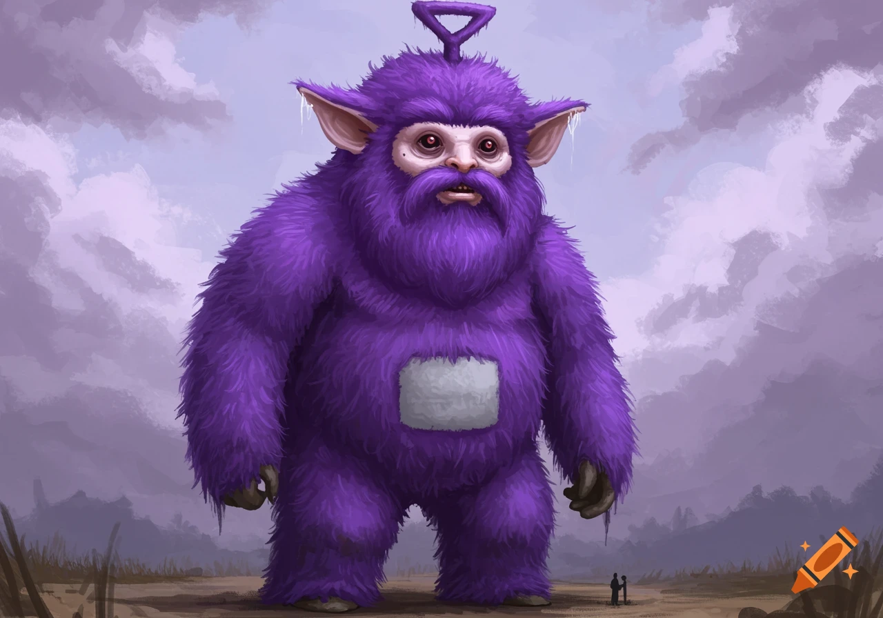 A colossal purple furry creature resembling a distorted Teletubby ...