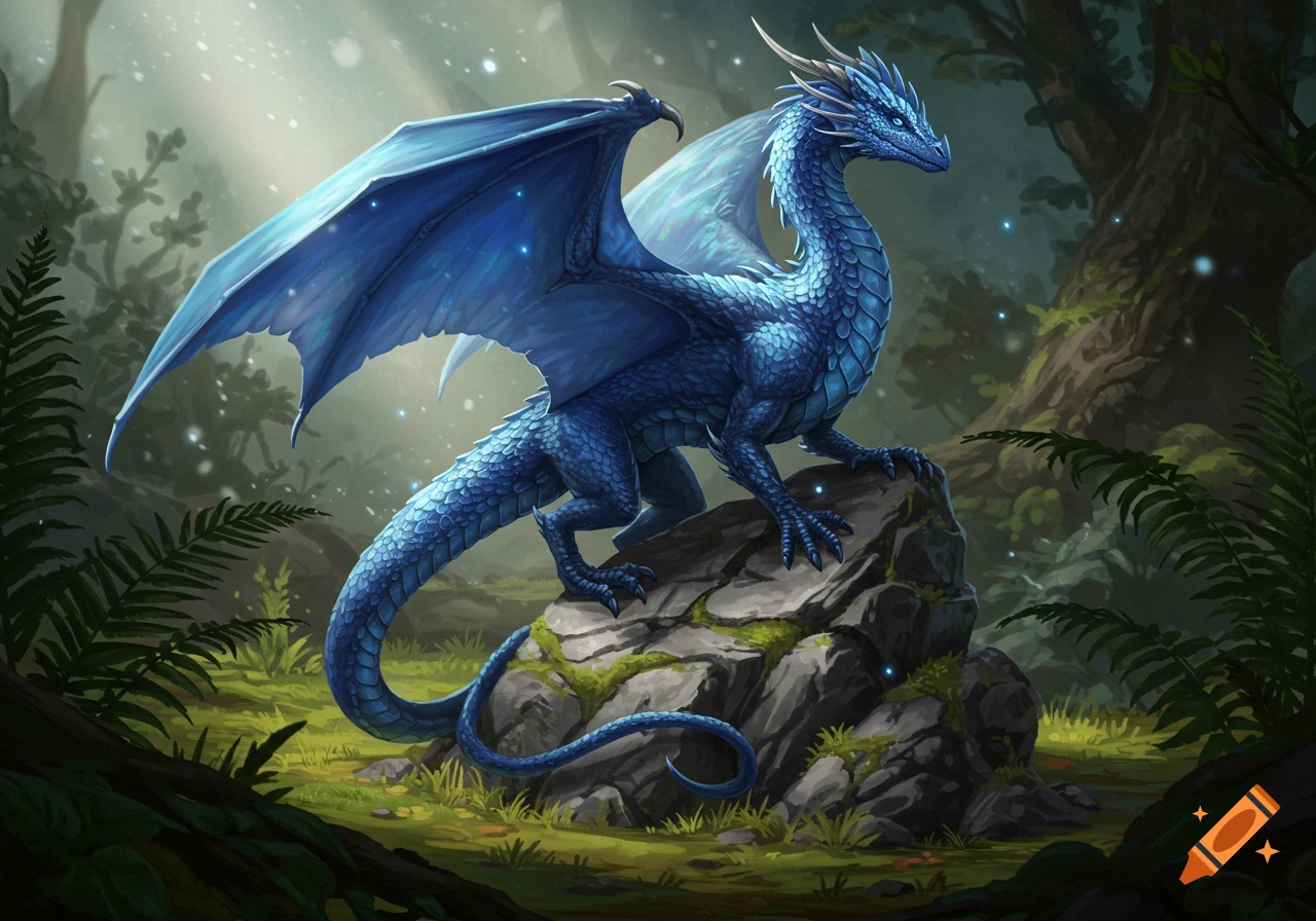 A large blue dragon sits on a rock in a sunlit forest. on Craiyon