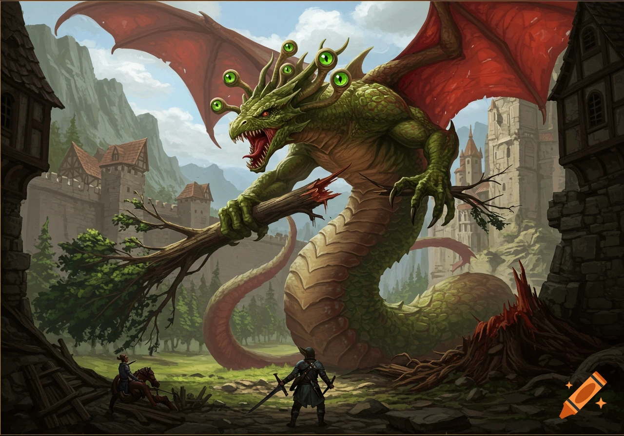 A giant green multi-eyed creature attacks a medieval village, holding a ...