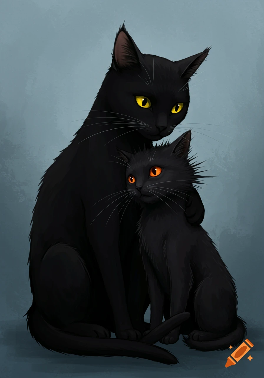 An illustration of a black cat with yellow eyes cuddling a spiky black ...