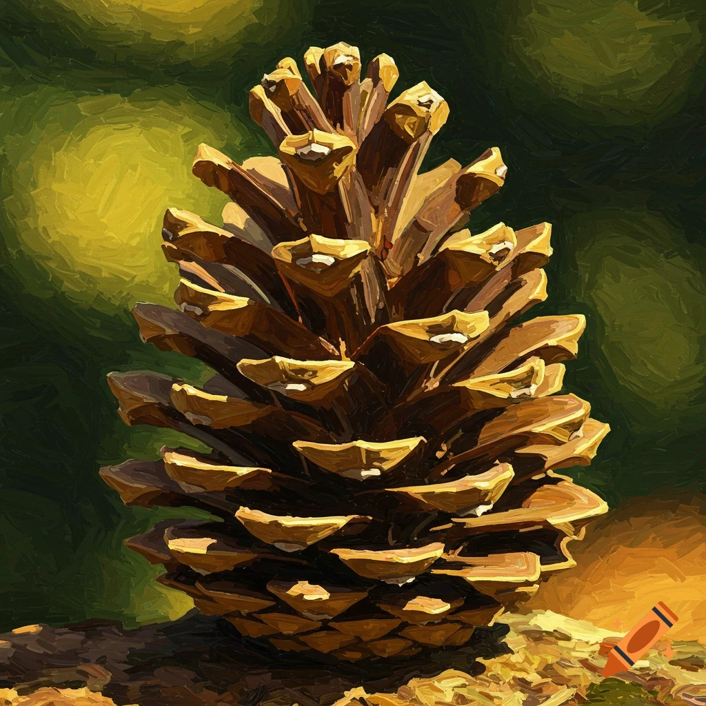 An abstract painting of a pine cone with a dark green background. on ...