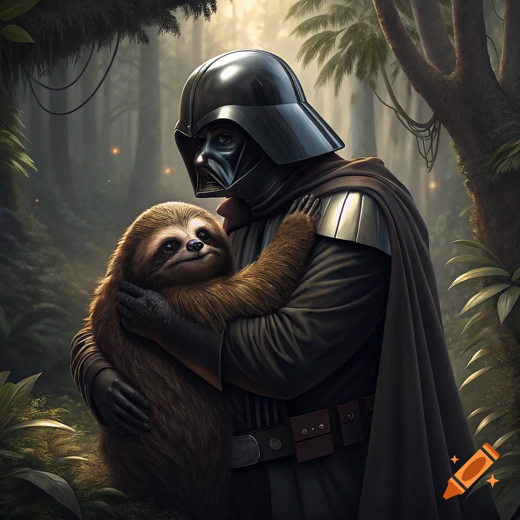 Darth Vader holds a smiling sloth in a lush jungle. on Craiyon