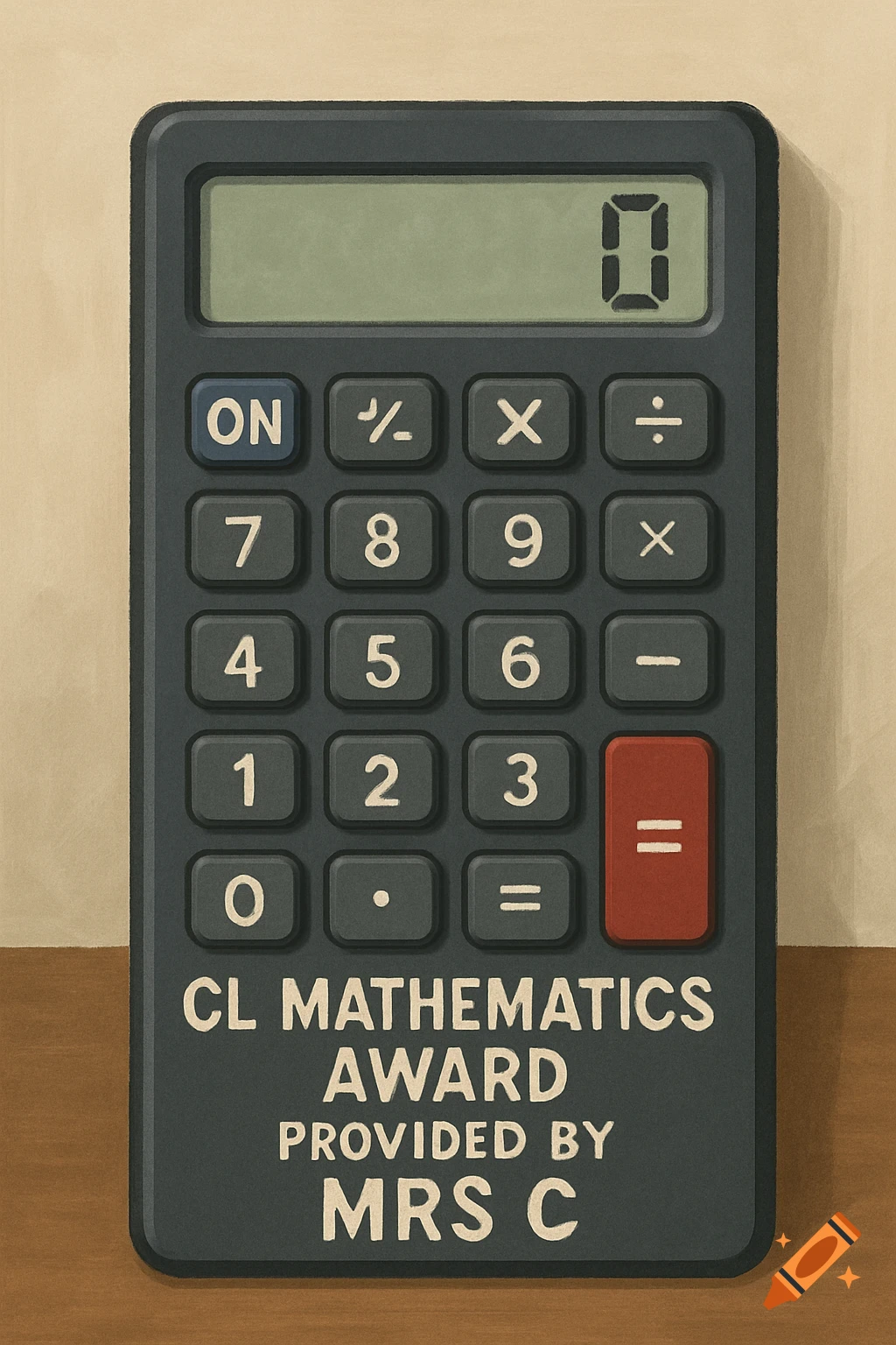 A calculator with the text CL Mathematics Award Provided By Mrs C on ...
