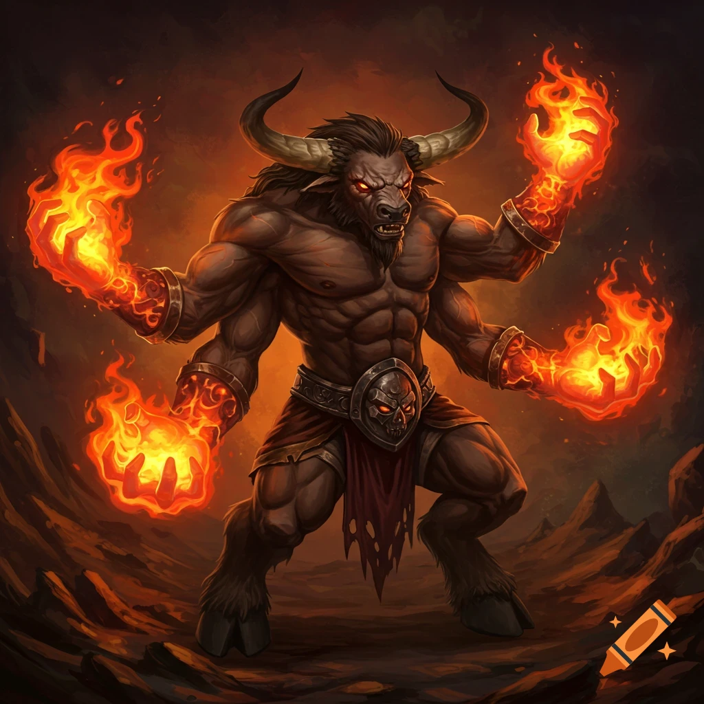 Four-armed Minotaur creature uses fire magic in a dark, rocky landscape ...