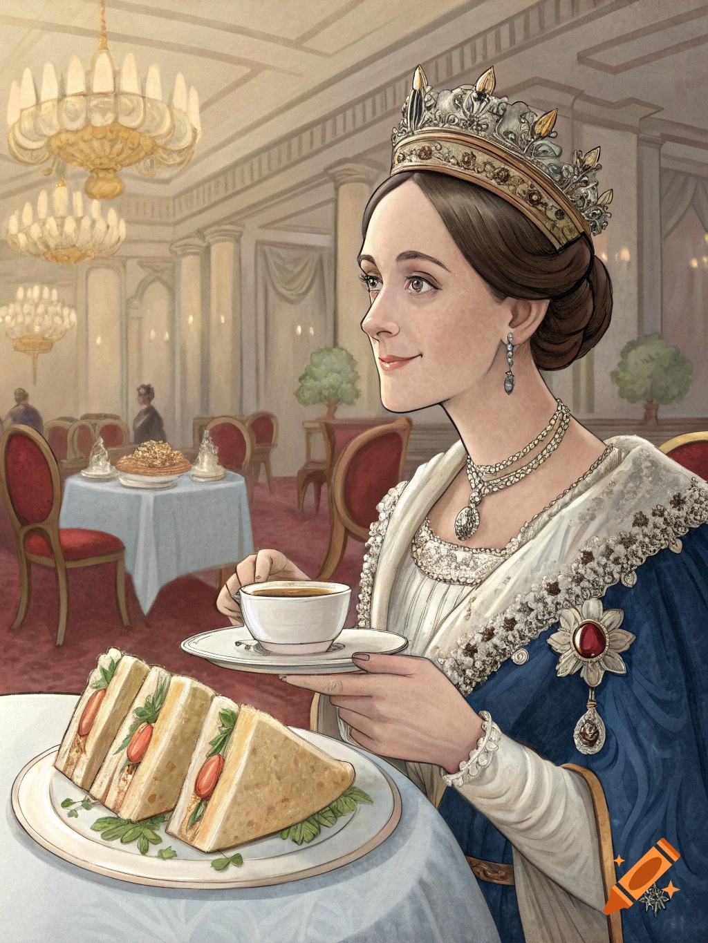 Queen Victoria having tea and sandwiches in a palace dining room ...