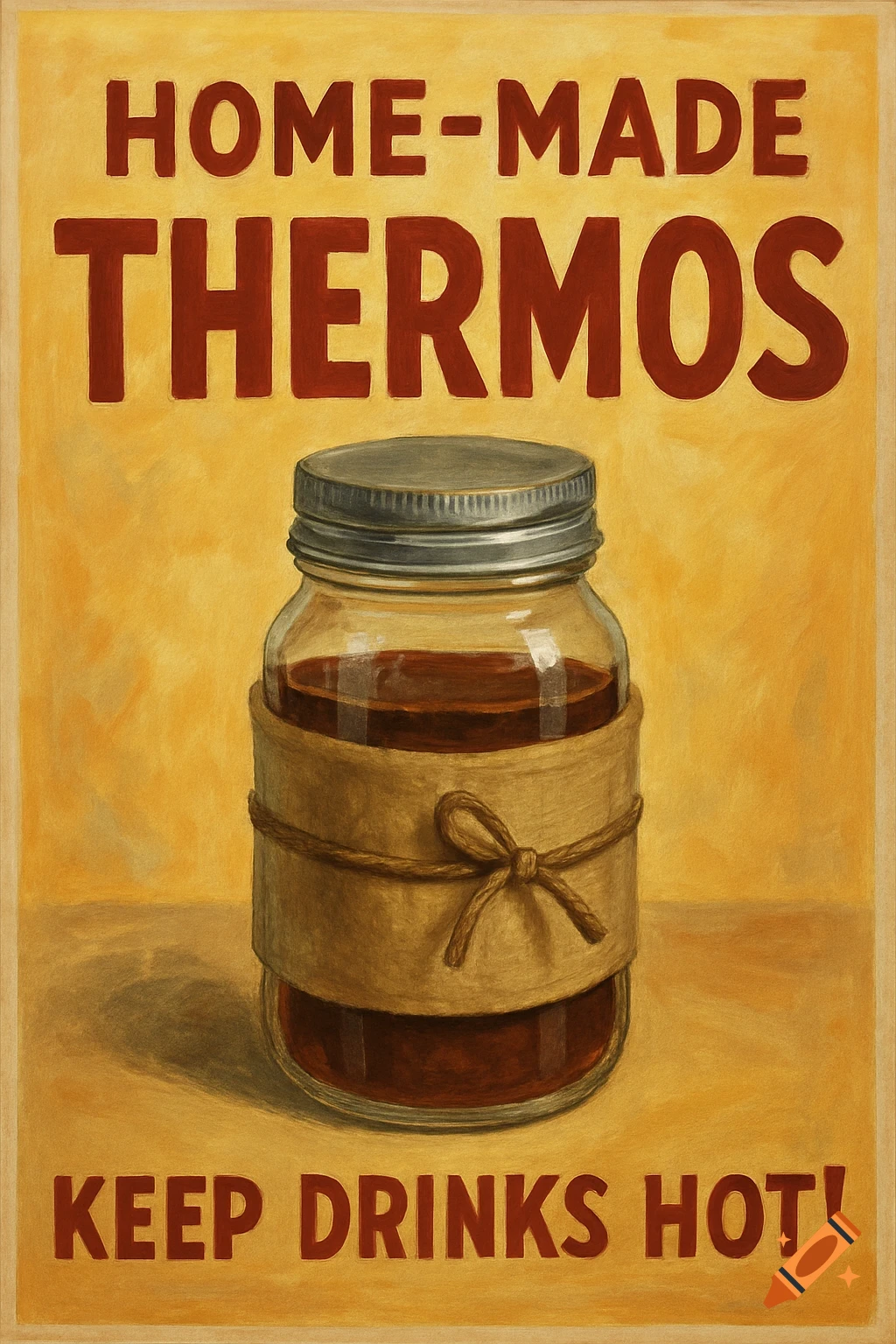 Illustration of a homemade thermos poster. Features a mason jar wrapped ...