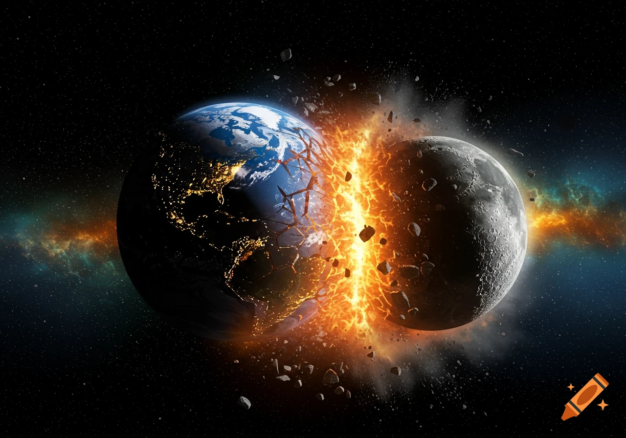 Earth and Moon colliding in space with fire and debris. on Craiyon