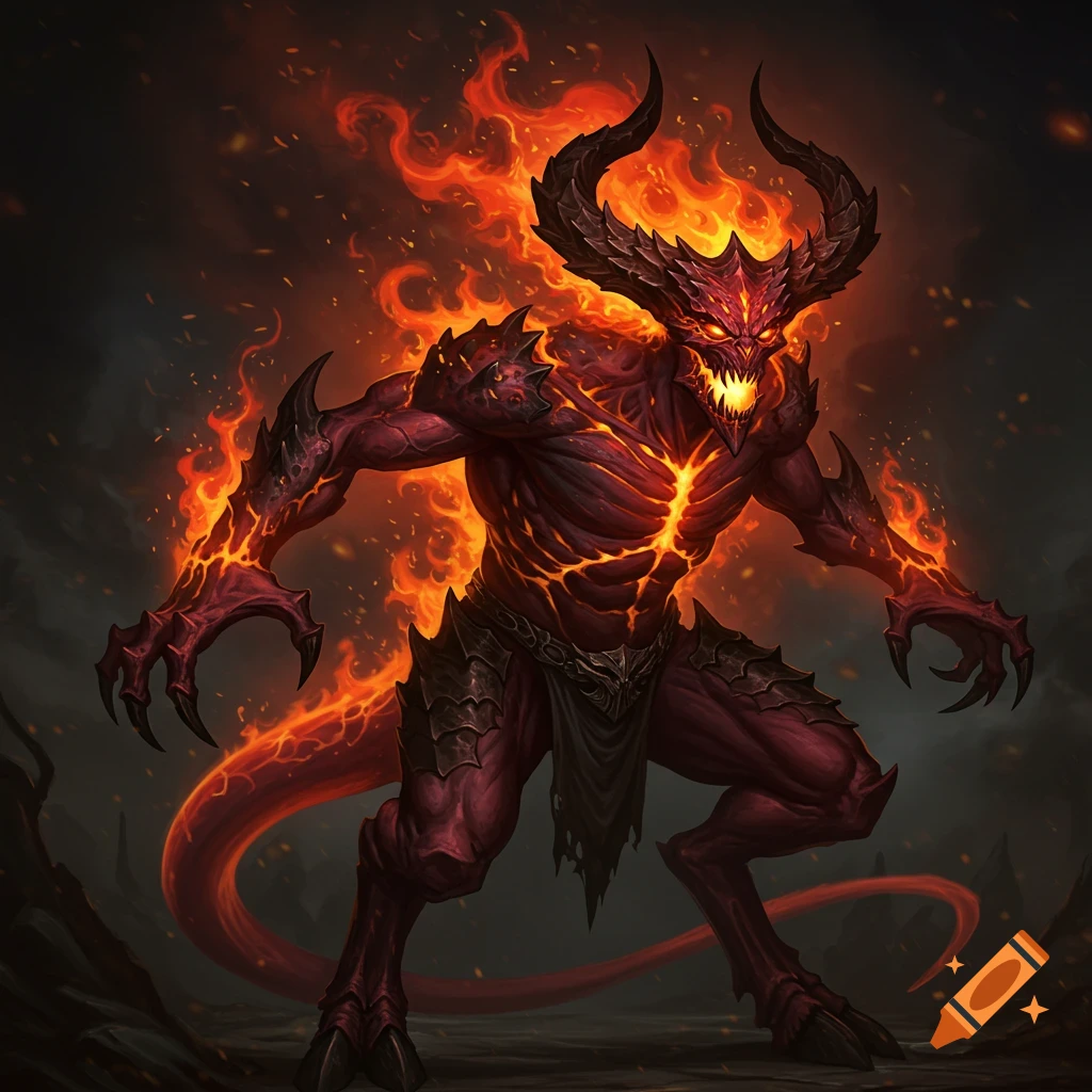 A red fantasy demon with horns, claws, and a tail, surrounded by fire ...