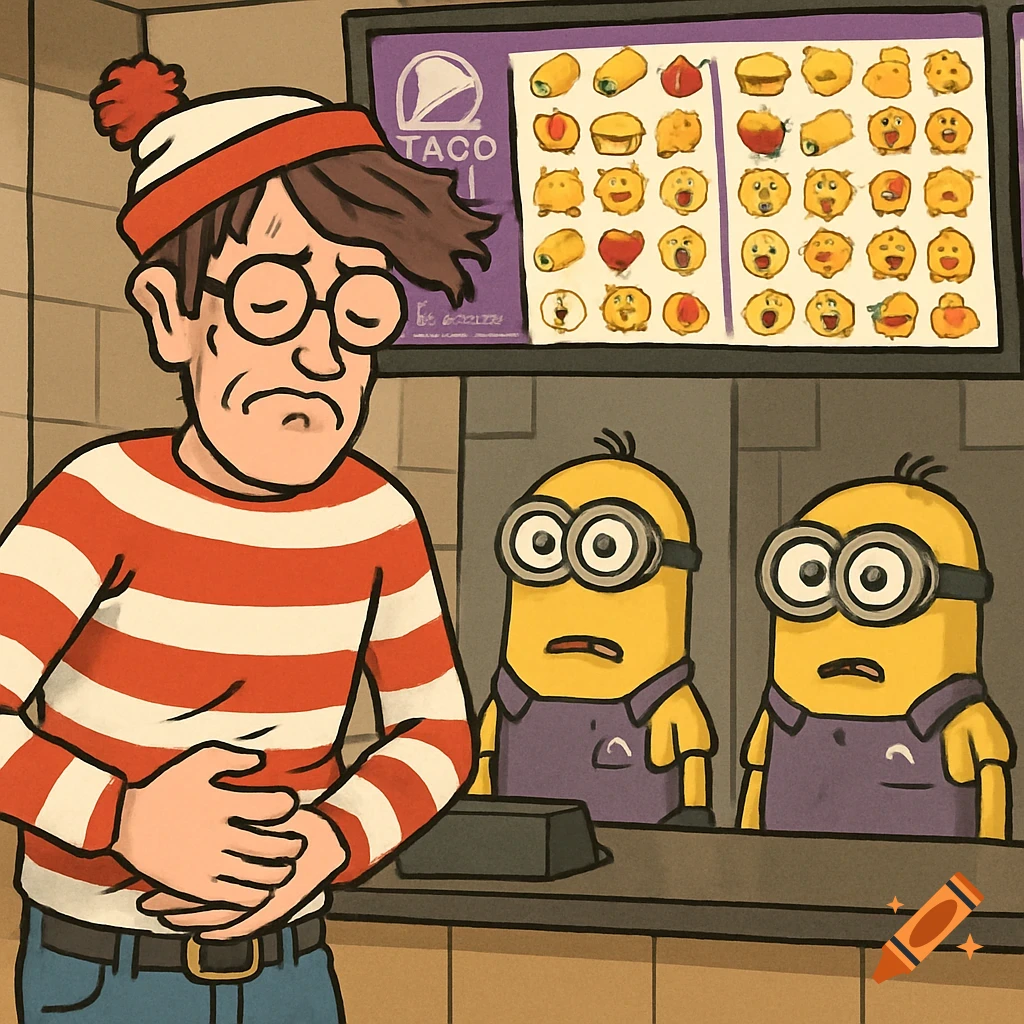 Illustrated cartoon of Waldo holding his stomach at a Taco Bell counter ...