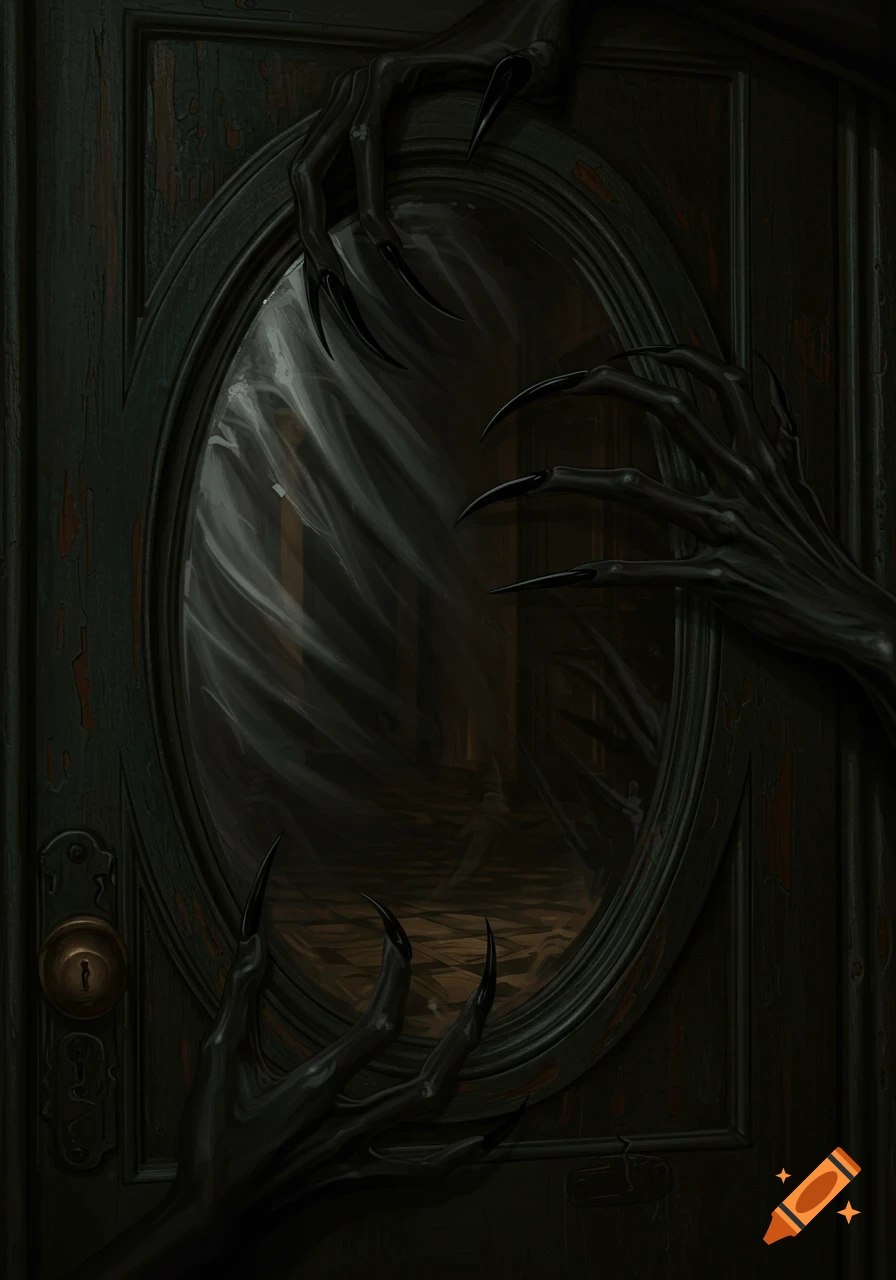 Shadowy clawed hands grip a dark door with an oval window showing a ...